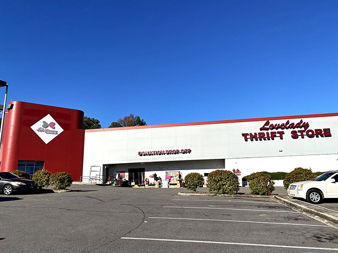The iconic red and white exterior of Lovelady Thrift Store stands out against Alabama's blue sky like a beacon for bargain hunters everywhere.