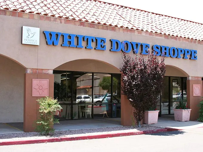 The unassuming exterior of White Dove Thrift Shoppe hides a treasure trove within, like finding a Michelin-starred restaurant in a strip mall.