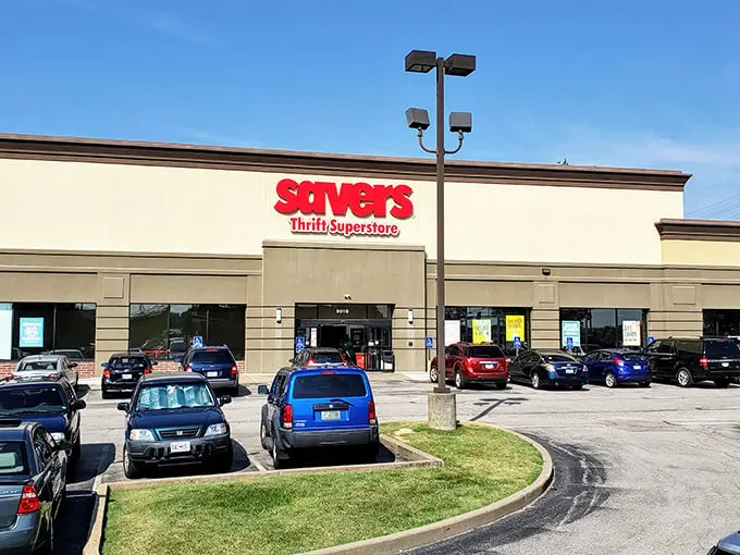 The unassuming exterior of Savers in Sappington beckons bargain hunters with its bright red signage—retail therapy without the retail prices.