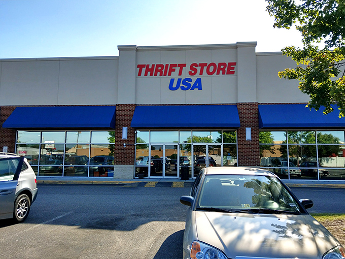 The unassuming exterior of Thrift Store USA belies the treasure trove within—like finding a Michelin-starred restaurant in a strip mall.