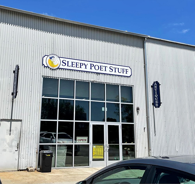 Don't let the unassuming warehouse exterior fool you—inside this corrugated metal time machine awaits 60,000 square feet of vintage treasures. 