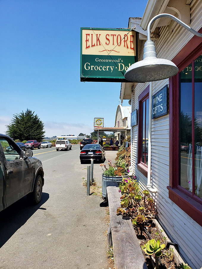 The white clapboard exterior of Elk Store stands like a culinary lighthouse on the Mendocino coast, complete with rustic wine barrels that practically whisper "good things inside."