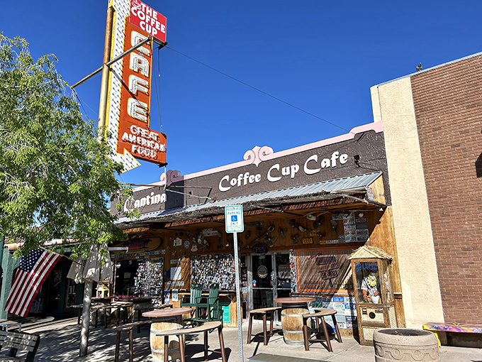 The iconic red sign beckons like a lighthouse for hungry travelers. This unassuming storefront on Nevada Way houses breakfast magic worth the detour.