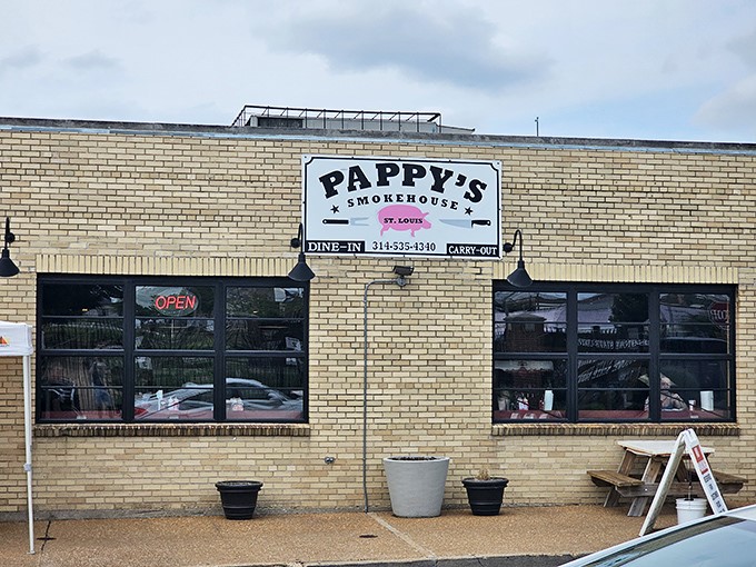 The unassuming yellow brick exterior of Pappy's Smokehouse – where BBQ pilgrims willingly make the journey for meat nirvana.