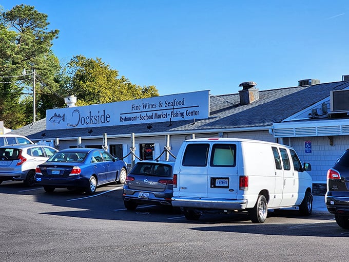 Hoist the sails! The unassuming exterior at Dockside is where seafood dreams come true.