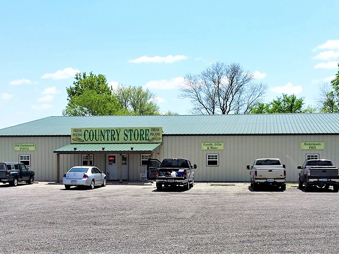 A slice of Americana greets you with that weathered wooden sign and American flag. The kind of place where "fresh pecans" isn't just advertising—it's a solemn promise.