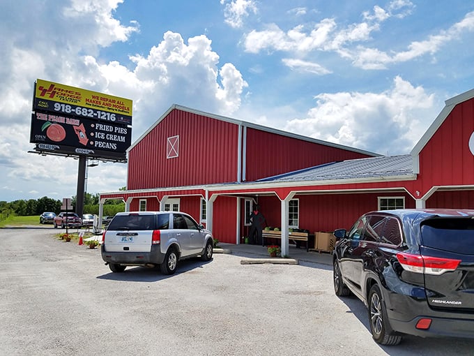 The iconic red barn stands proudly against the Oklahoma sky, like a beacon calling to pie lovers everywhere. "Peach Barn" isn't just a name—it's a promise.
