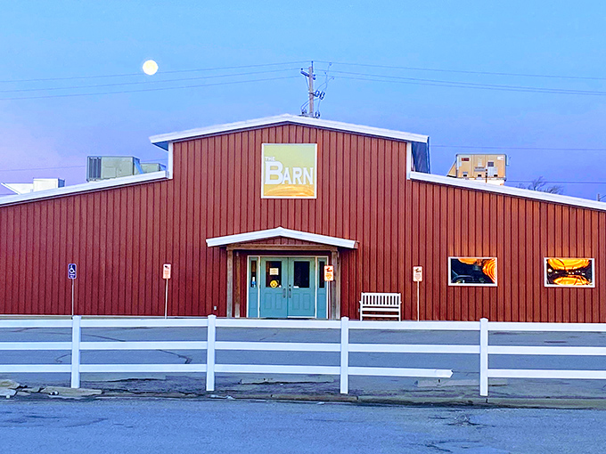The bright red exterior isn't just farm-chic architecture—it's a beacon of hope for hungry travelers crossing the Kansas prairie. Pure roadside magnetism.