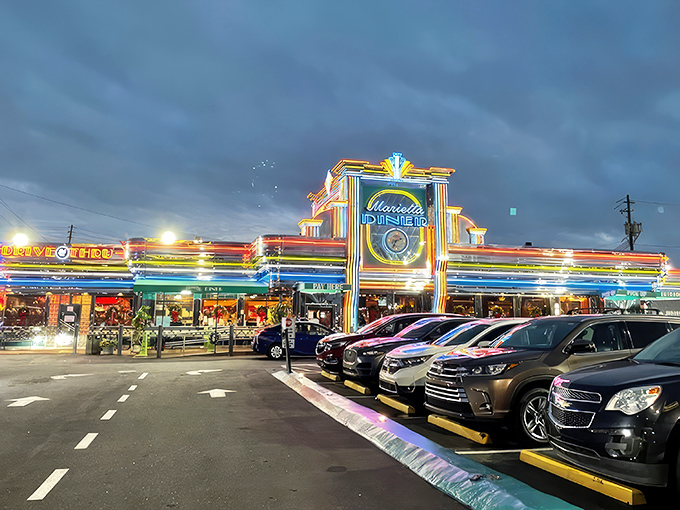 The chrome exterior of Marietta Diner gleams like a beacon of hope for the hungry. This isn't just a restaurant—it's a shining temple of comfort food.