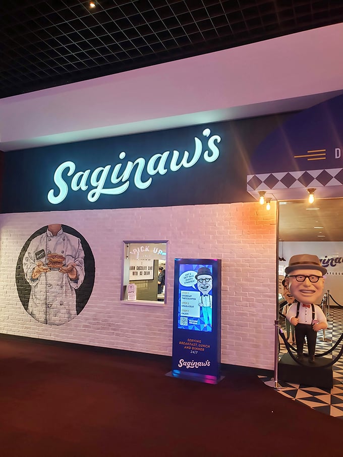 The entrance to sandwich nirvana features the classic blue and white floor pattern—a universal language that screams "serious deli business ahead."