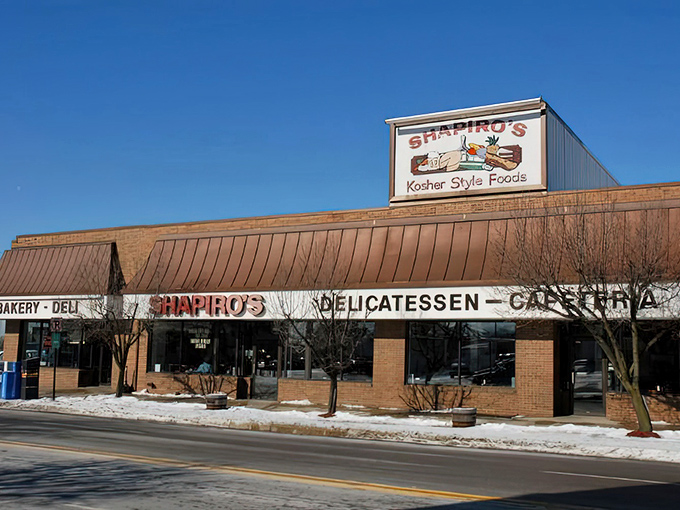 The iconic Shapiro's storefront stands as a beacon of deli excellence in Indianapolis, promising kosher-style treasures within those brick walls.