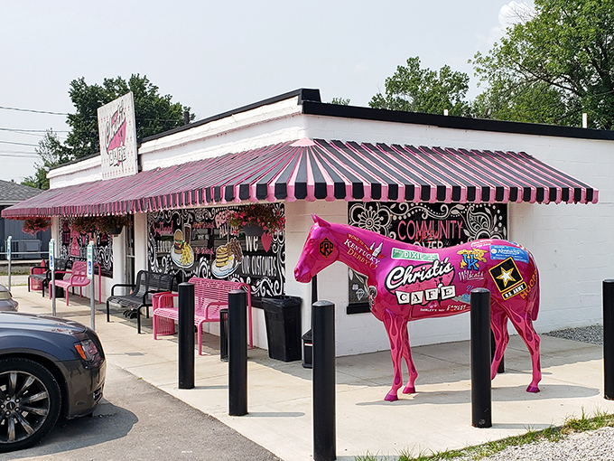 The pink and black striped awning of Christi's Cafe isn't playing hard to get—this bold Louisville landmark announces itself with unapologetic charm and confidence.