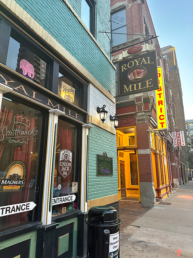 The mint-green facade of The Royal Mile stands out in downtown Des Moines like a British flag at an Iowa corn festival.