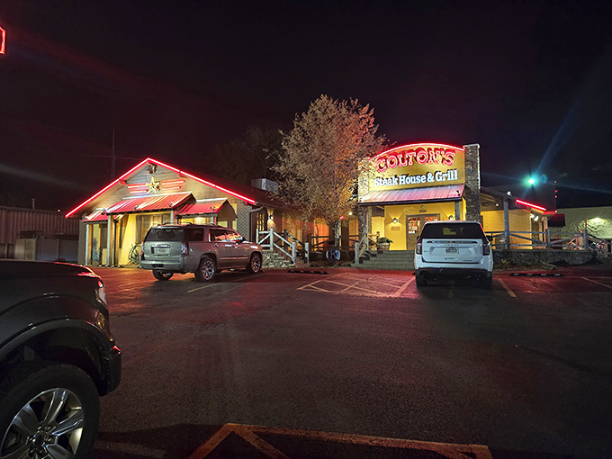 The Western-inspired exterior promises what every road trip craves—a worthy destination where hearty meals and hospitality await.