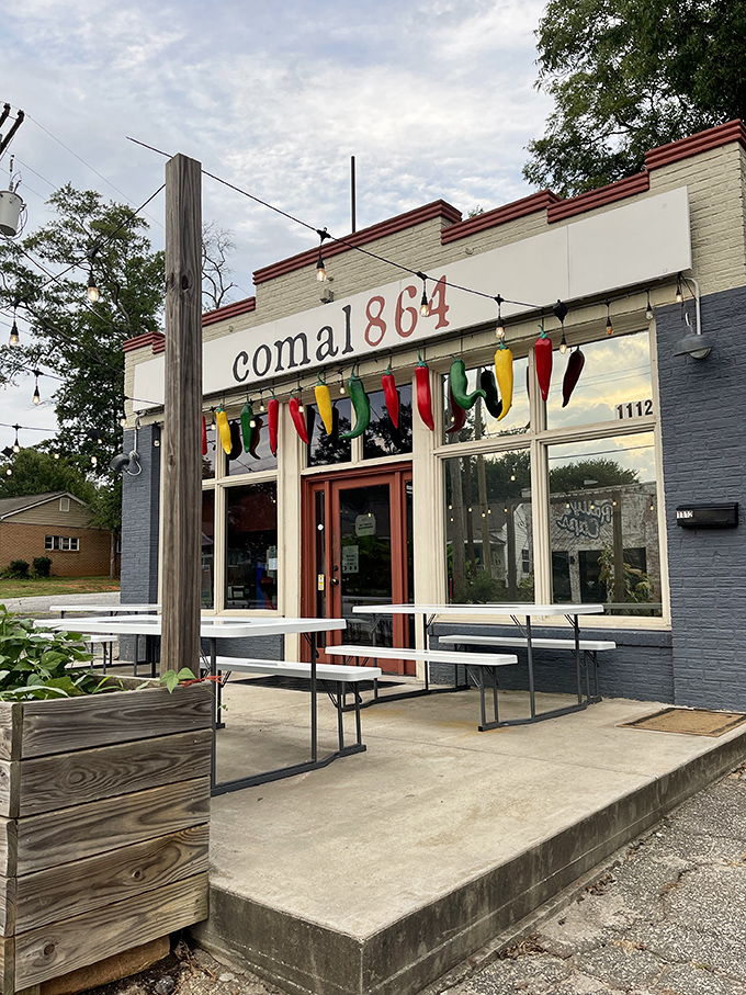 The colorful chili pepper garland hanging above Comal 864's entrance isn't just decoration—it's a preview of the flavor fiesta waiting inside.