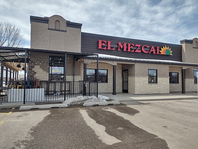El Mezcal's welcoming exterior promises a culinary escape from Wisconsin winters, with string lights hinting at the warmth waiting inside.
