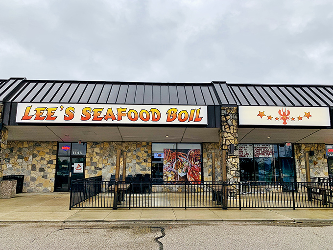 The stone facade and bold signage of Lee's Seafood Boil promises coastal treasures in Columbus. No need for ocean views when flavor is the real destination.