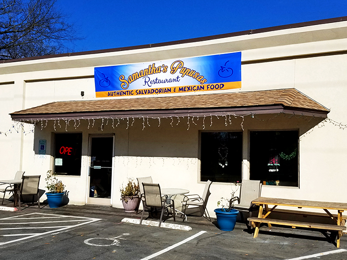 The unassuming blue sign beckons like a culinary lighthouse – proof that the best food often hides in plain sight rather than behind fancy facades. 
