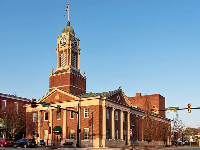 Lebanon's iconic Town Hall and clock tower stand sentinel over the historic district, a timeless landmark that's witnessed generations of treasure hunters and storytellers.