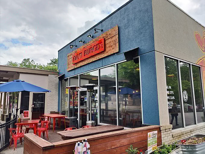 The blue facade with that rustic wooden sign is like a beacon for burger lovers. Farm-to-table isn't just a buzzword here—it's a delicious promise.