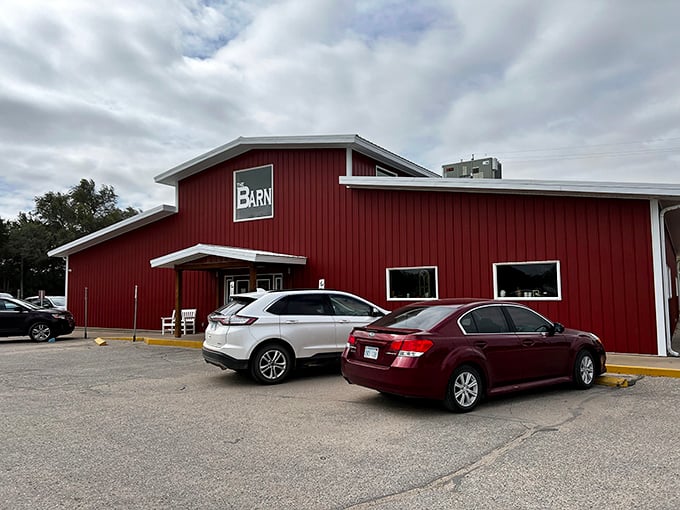 The bright red exterior isn't just farm-chic architecture—it's a beacon of hope for hungry travelers crossing the Kansas prairie. Pure roadside magnetism.