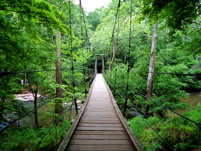 The suspension bridge at Eno River State Park isn't just a crossing—it's an invitation to adventure that sways ever so slightly with each step.