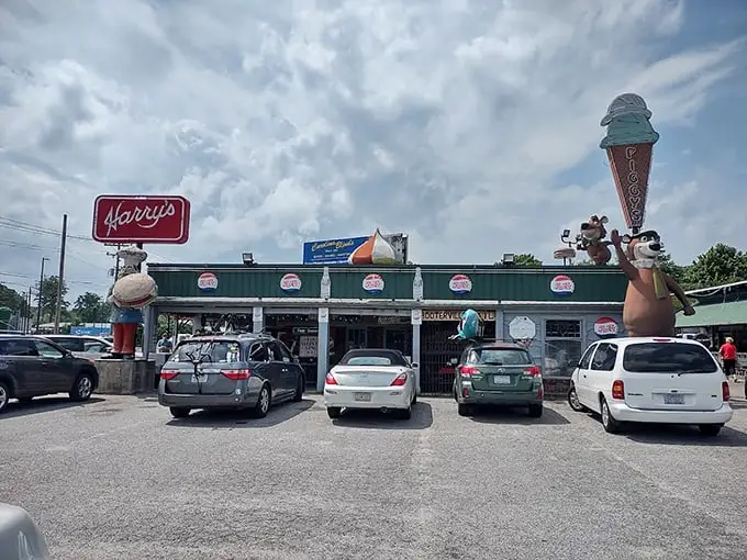 The roadside charm of Harry's comes complete with whimsical statues – including a chef pig holding a burger and that iconic ice cream cone beckoning hungry travelers.