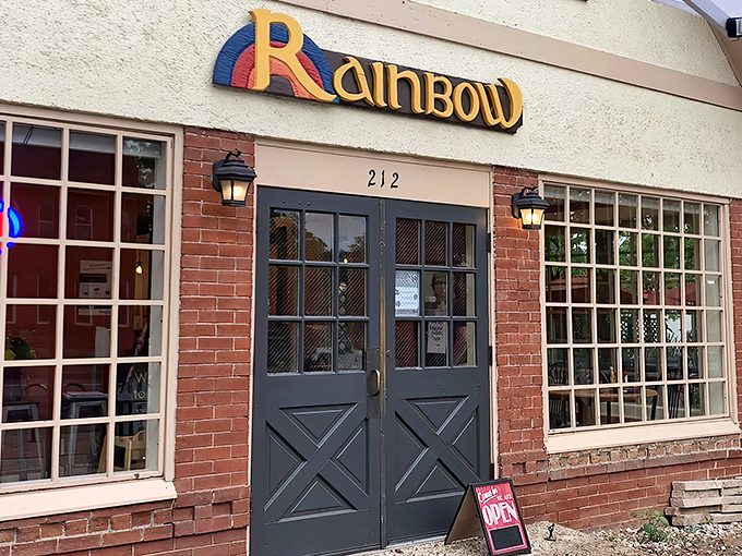 The colorful Rainbow sign welcomes you like an old friend promising good times ahead. Those crosshatched doors? The gateway to breakfast paradise.