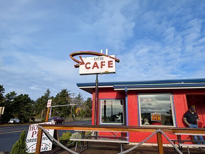 The iconic red Otis Café sign has been guiding hungry travelers off Highway 18 for decades. Like a lighthouse for the breakfast-deprived, it promises delicious refuge ahead.