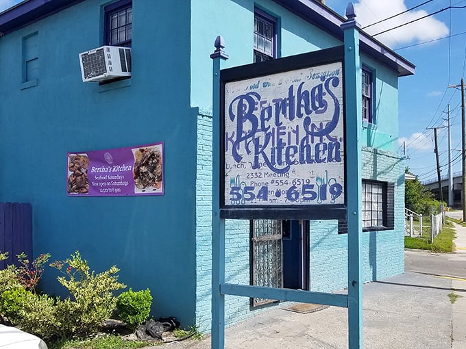 The unmistakable turquoise beacon of Bertha's Kitchen stands proudly on Meeting Street, promising soul food salvation to those wise enough to stop.
