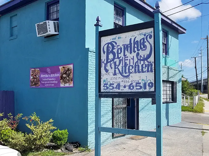 The unmistakable turquoise beacon of Bertha's Kitchen stands proudly on Meeting Street, promising soul food salvation to those wise enough to stop.