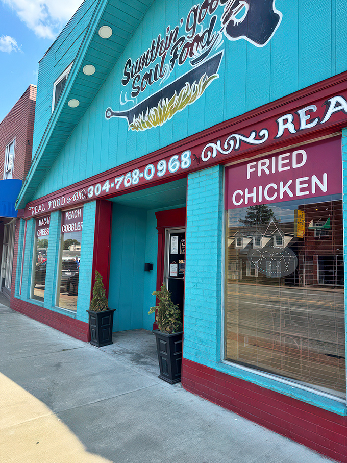 That turquoise facade isn't just eye-catching—it's a beacon of culinary promise on MacCorkle Avenue. Soul food paradise awaits!
