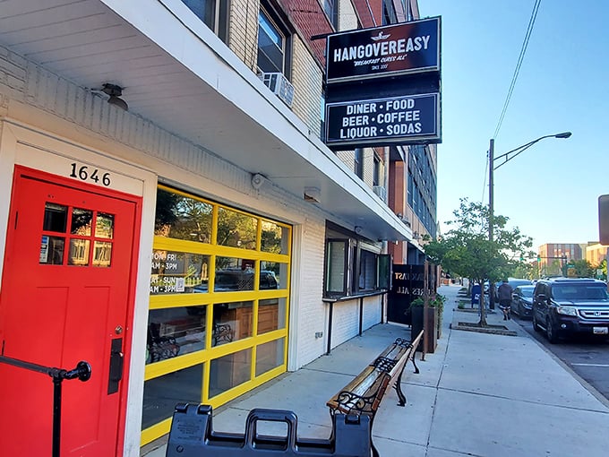 The bright red door and sunny yellow windows of Hang Over Easy beckon like a breakfast lighthouse on Neil Avenue, promising salvation for hungry souls.