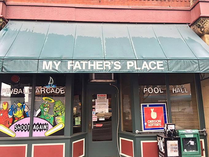 Sunlight catches the vintage storefront of My Father's Place – where Portland's most authentic dive experience awaits with zero pretension and maximum character.