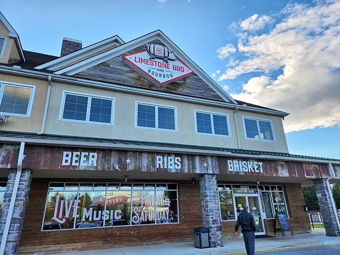 The rustic wooden façade of Limestone BBQ and Bourbon promises what every barbecue pilgrim seeks: a temple where smoke, meat, and time create magic.