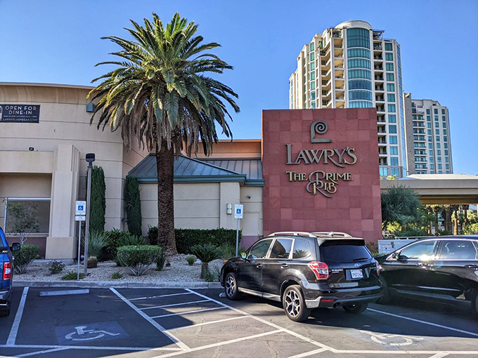 The iconic terracotta facade of Lawry's stands proudly against the Vegas sky, promising carnivorous delights within—a meaty oasis amid the neon desert. 