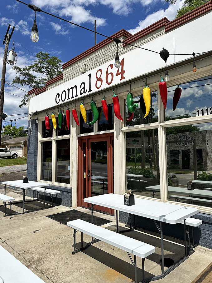 The colorful chili pepper garland hanging above Comal 864's entrance isn't just decoration—it's a preview of the flavor fiesta waiting inside.