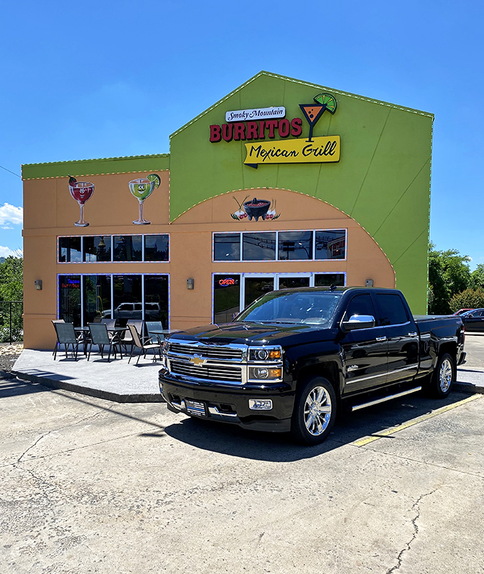 The lime green exterior of Smoky Mountain Burritos stands out like a mariachi band at a library—bold, unapologetic, and promising a good time.