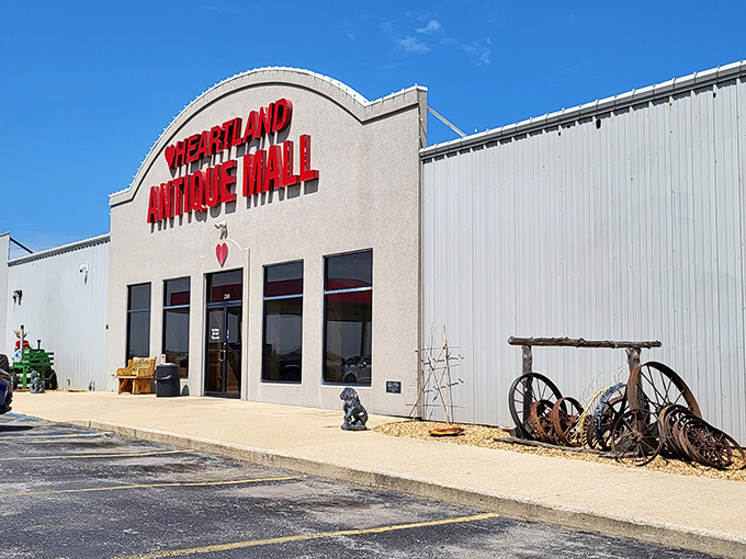 The bright red signage against a clear blue Missouri sky promises treasures within – your first clue that normal shopping rules don't apply here.