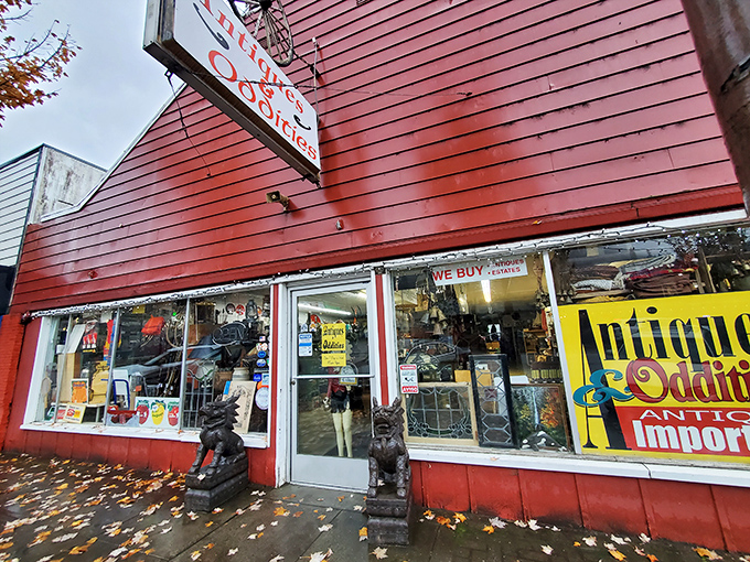 The wagon wheel above the storefront isn't just decoration—it's a time machine invitation to step back into a world where treasures await.