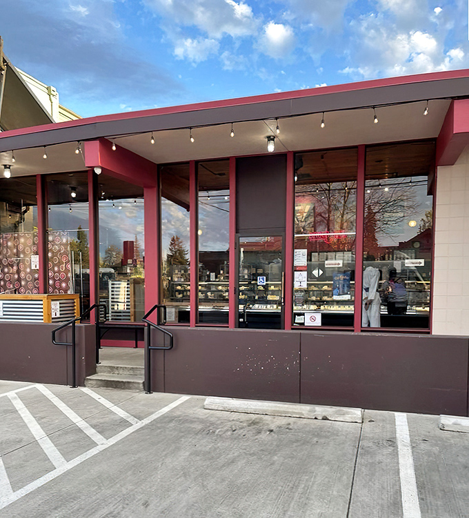 The pale yellow and pink-trimmed façade isn't just a storefront—it's a portal to butter-based happiness in Eugene's culinary landscape.