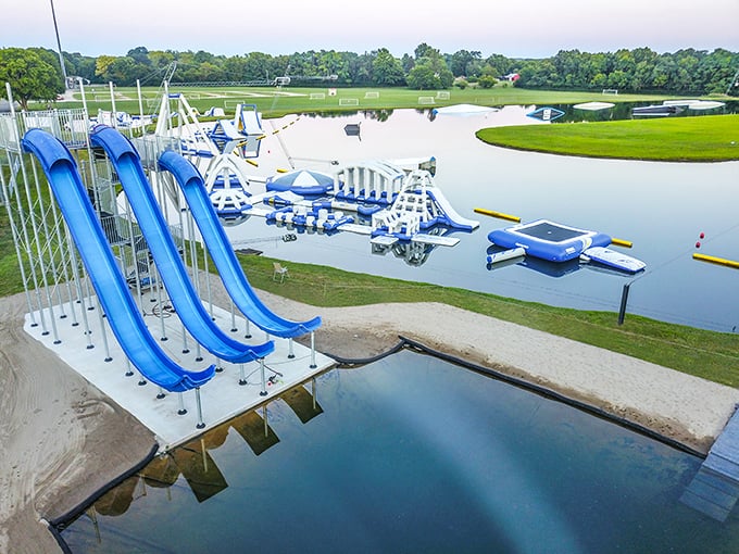 Blue and white inflatable obstacles dot the lake like a playground designed by someone who really understands the joy of controlled chaos.