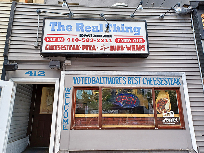 The unassuming storefront of The Real Thing in Towson might not catch your eye, but locals know this modest exterior hides cheesesteak greatness within.