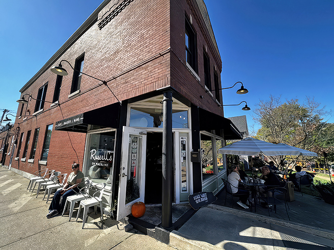 The classic red brick facade of Russell's on Macklind stands like a delicious sentinel in St. Louis' Southampton neighborhood, complete with inviting outdoor seating.