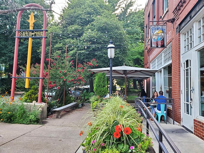 The historic brick façade of Peacemaker beckons seafood lovers to Benton Park, where coastal dreams come true in landlocked Missouri. 