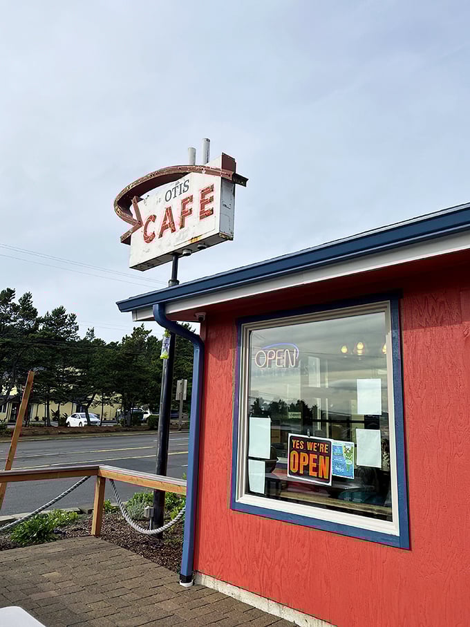 The iconic red Otis Café sign has been guiding hungry travelers off Highway 18 for decades. Like a lighthouse for the breakfast-deprived, it promises delicious refuge ahead.