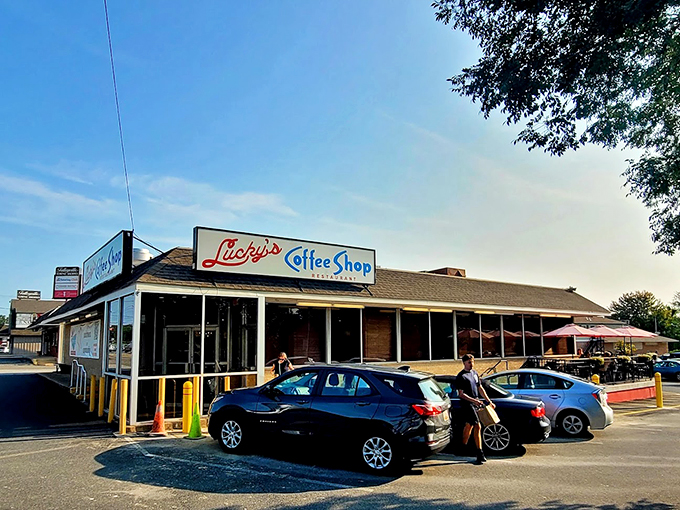 The classic brick exterior of Lucky's beckons like an old friend, witnessing more morning conversations than a therapist's office.