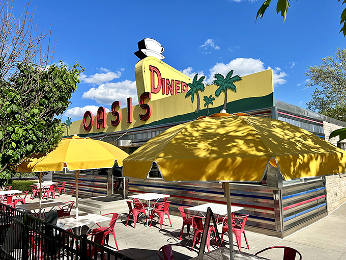 That iconic yellow sign with palm trees in Indiana is like finding a beach umbrella in a snowstorm—delightfully unexpected and absolutely perfect.