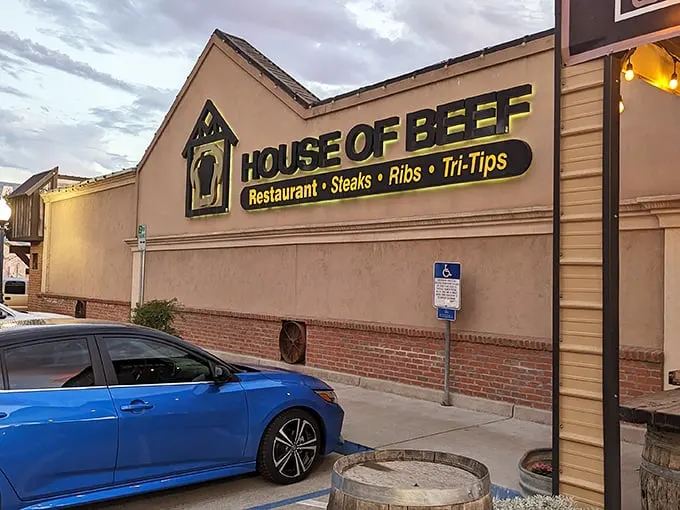 The unassuming exterior of House of Beef stands like a carnivore's oasis in Oakdale, promising meaty treasures within those modest walls.