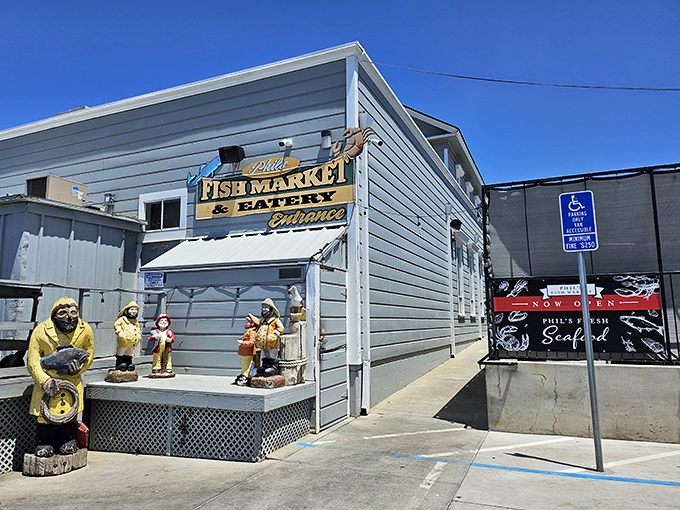 The unassuming exterior of Phil's Fish Market belies the culinary treasures within. Like finding a pearl in an oyster, this weathered facade houses seafood magic.